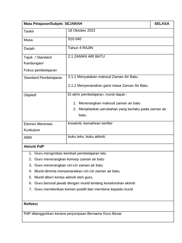 RPH 18 Oct 2022 Selasa Sejarah | PDF