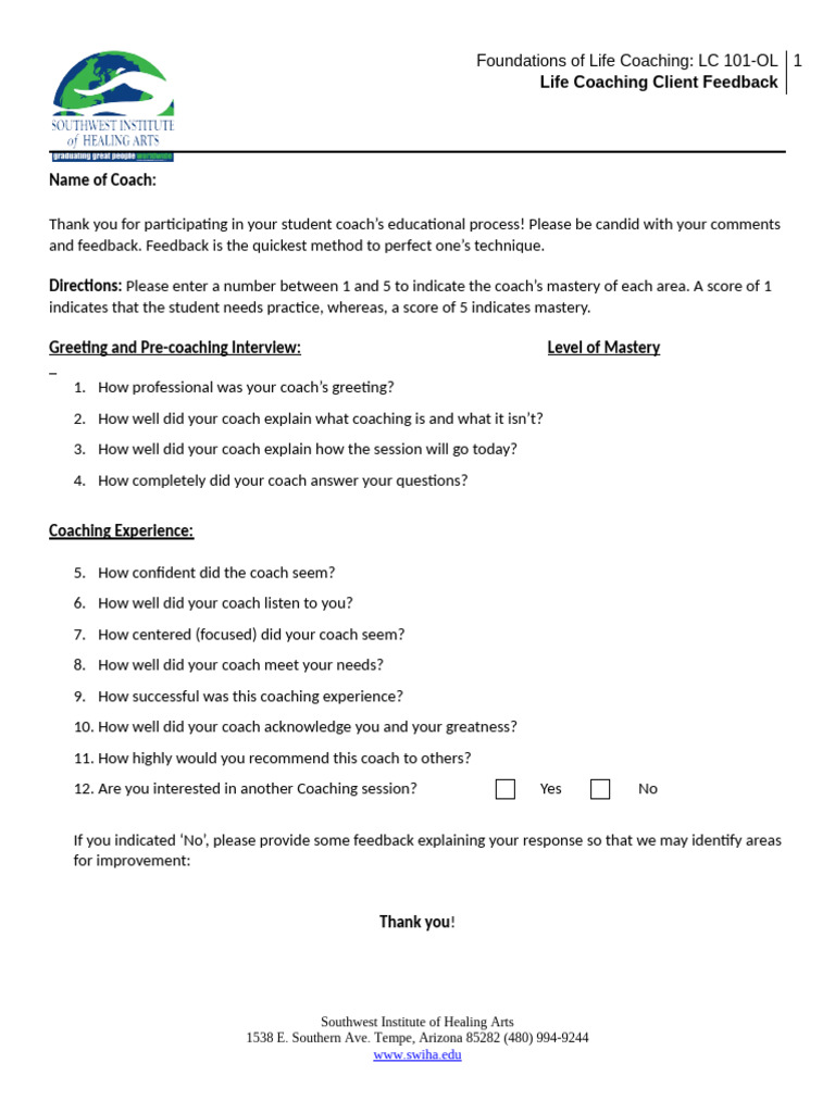 Life Coaching Client Feedback Form | PDF