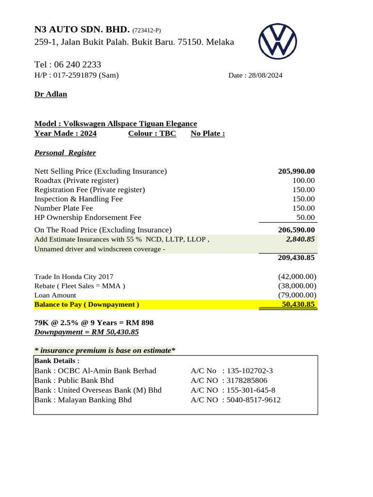 Quotation VW Allspace Tiguan Elegance (DR Adlan) | PDF