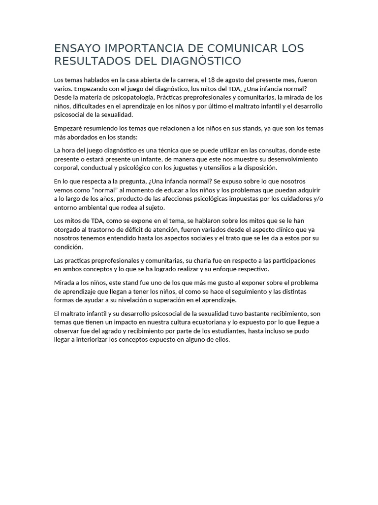 Ensayo Importancia de Comunicar Los Resultados Del Diagnóstico | PDF