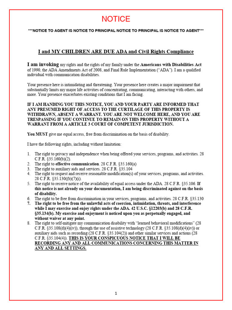 Ada Legal Notice | PDF | Americans With Disabilities Act Of 1990 ...