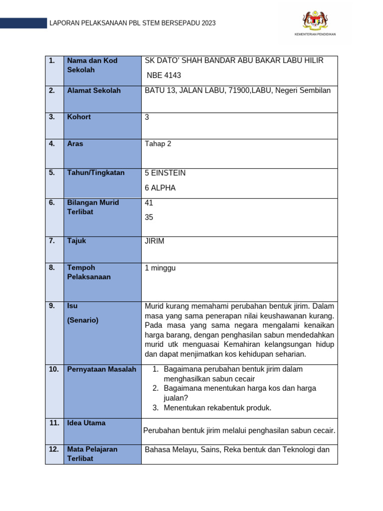 SK Dato Shah Bandar Abu Bakar Labu Hilir Pelaporan Pelaksanaan PBL Stem Bersepadu 2023 | PDF