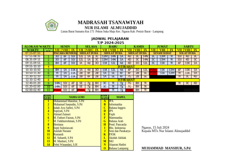 Jadwal Pelajaran MTs Nur Islami 2024-2025 | PDF