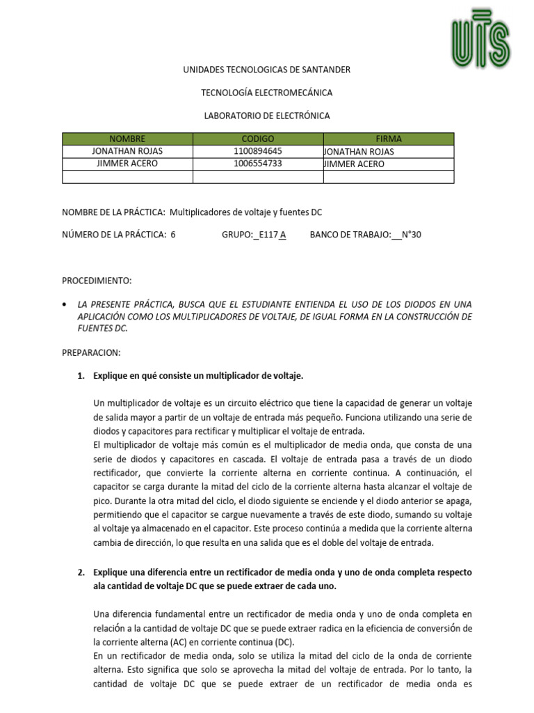 Informe Seis Laboratorio de Electronica | PDF | Rectificador | Red eléctrica