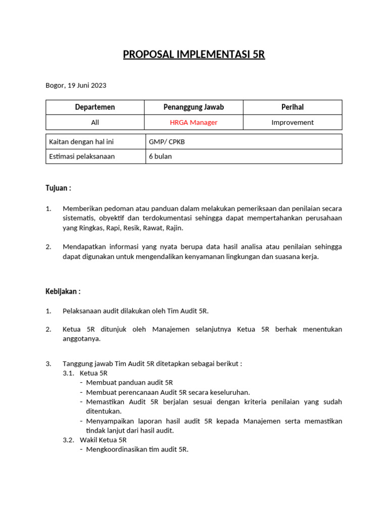 Proposal Audit Implementasi 5R PT | PDF | Teknologi & Rekayasa