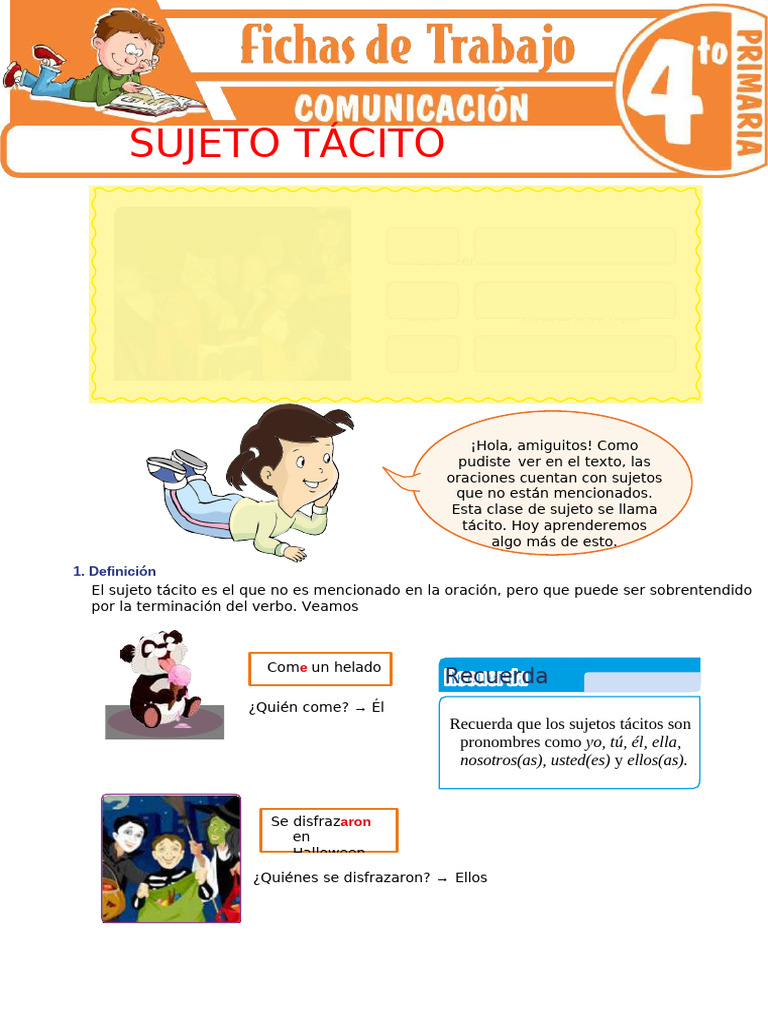 Sujeto Tácito para Cuarto Grado de Primaria | PDF | Asunto (gramática ...