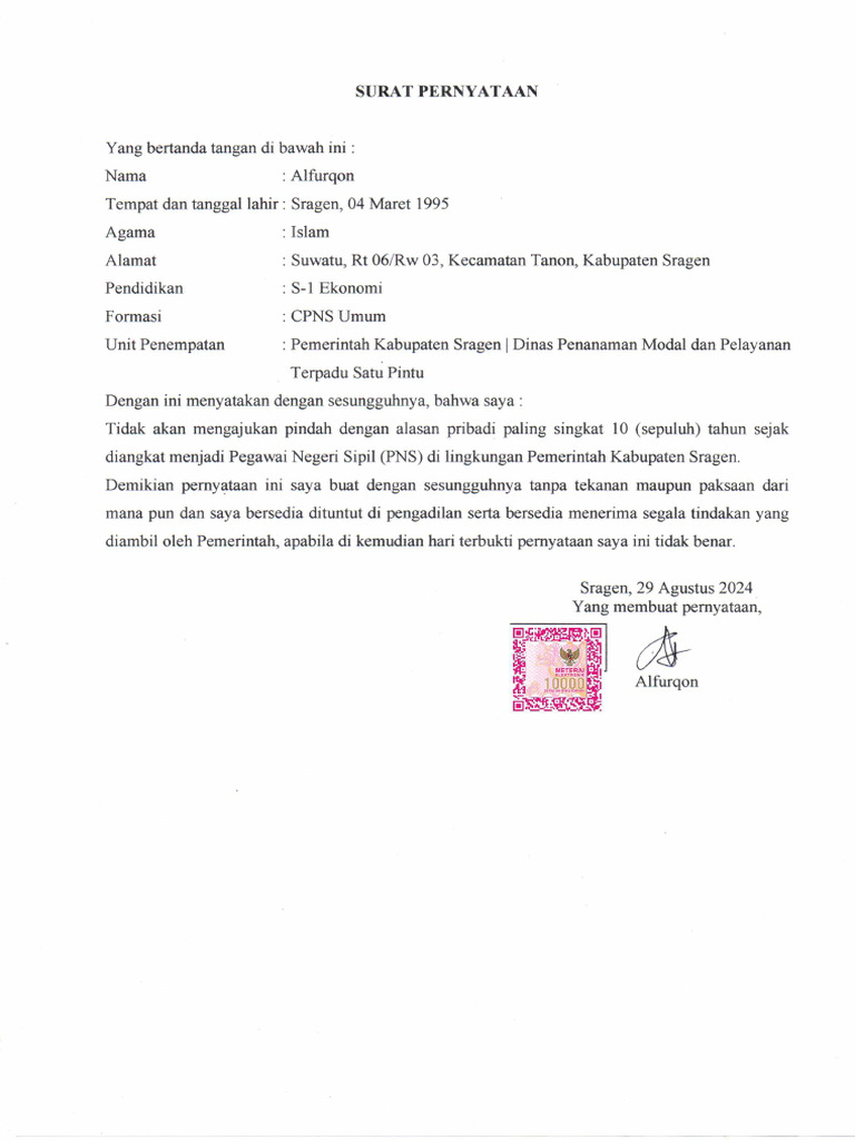 Surat Pernyataan Tidak Pidah e Materai | PDF