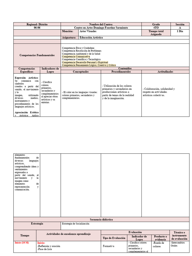 Educación Artística: Colores y Creatividad | PDF | Evaluación ...