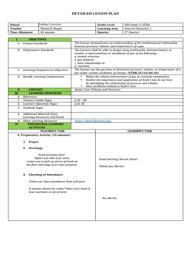 Lesson Exemplar - Grade 11 - Gas Law | PDF | Gases | Breathing