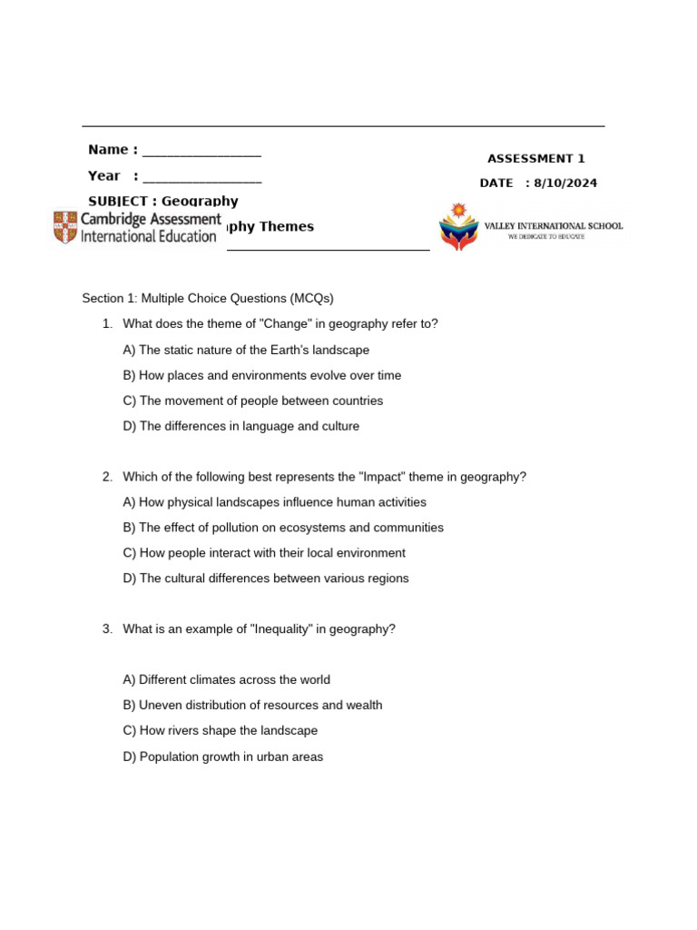 Year 7 Geography Assessment: Themes | PDF | Natural Environment | Geography