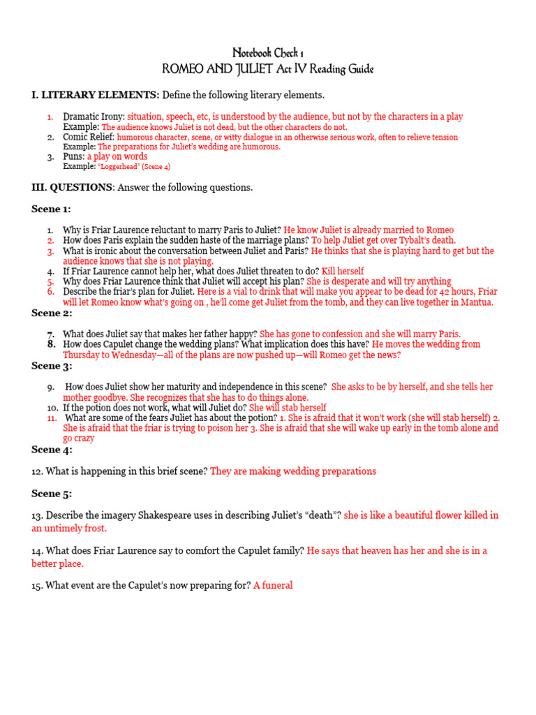 Romeo and Juliet Acts 4-5 Notebook Check Key | PDF | Characters In ...