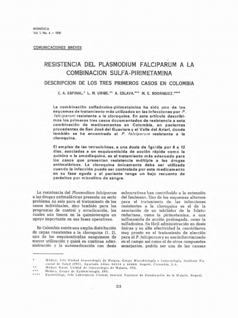 Resistencia a Sulfa-Pirimetamina en Colombia | PDF | Malaria | Medicina ...