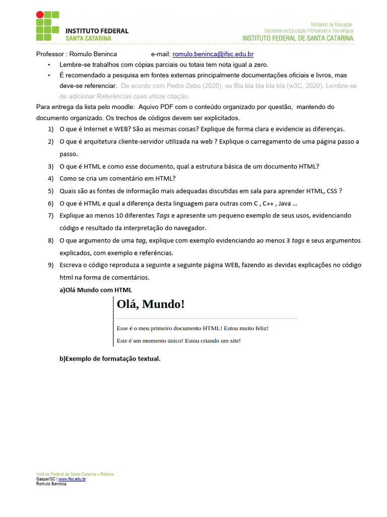 Semana 01 - Lista Atividades | PDF | Html | Rede mundial de computadores