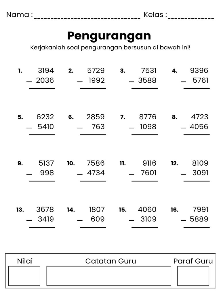 Pengurangan Worksheet Hitam Dan Putih Gaya Ilustratif | PDF
