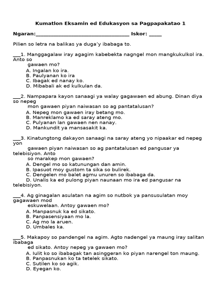 ESP1 Pangasinan 3rd WD TOS Key Answer | PDF | Career & Growth