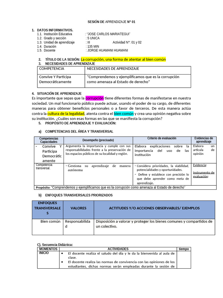 SESIÓN 1 Unidad 03 DPCC 5° | PDF | Evaluación | Aprendizaje