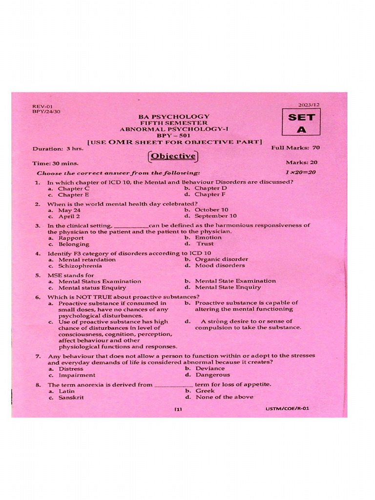 Abnormal Psychology - I (5th Semester) | PDF