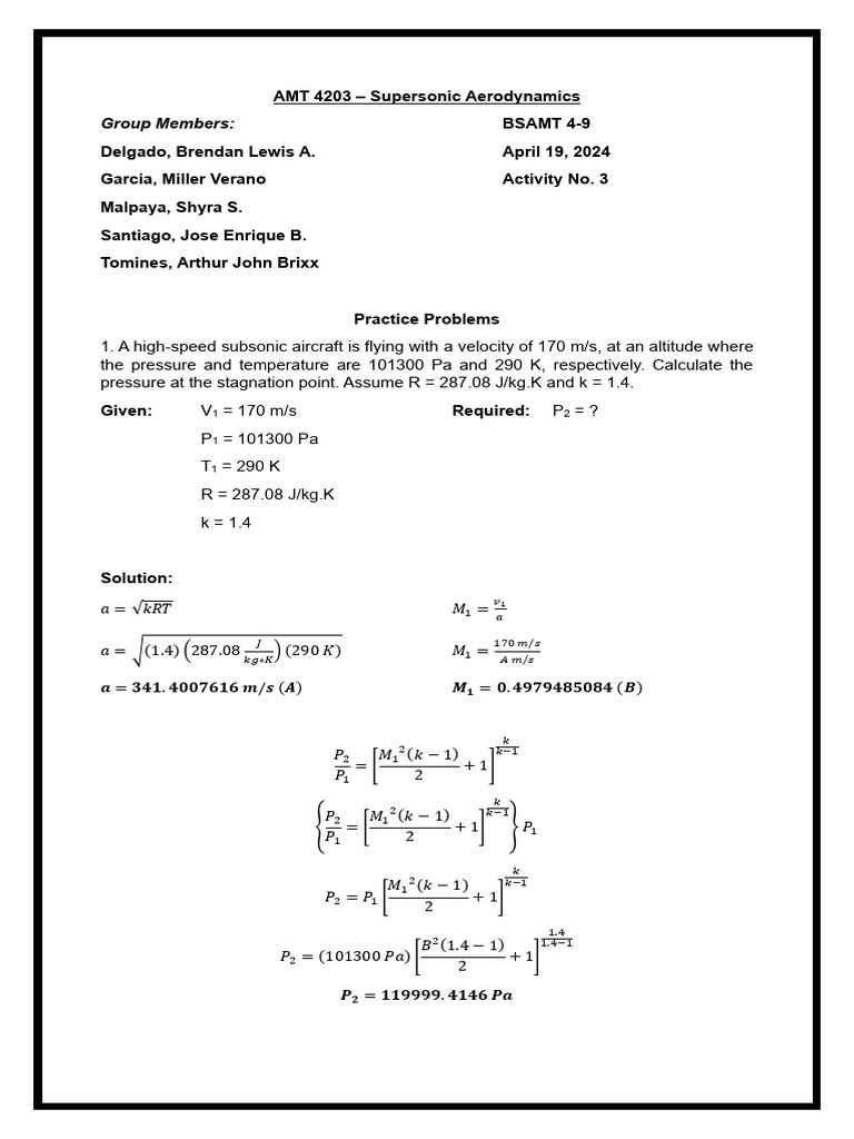AMT 4203 Group Activity Module 4 Practice Problem 2 | PDF | Mach Number | Fluid Mechanics
