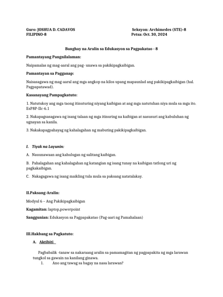 ANG PAGKAKAIBIGAN LESSON PLAN Revised | PDF