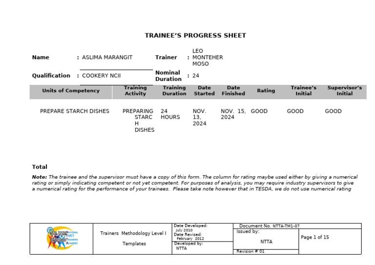 Trainees Progress Sheet | PDF Trainees Progress Sheet | PDF