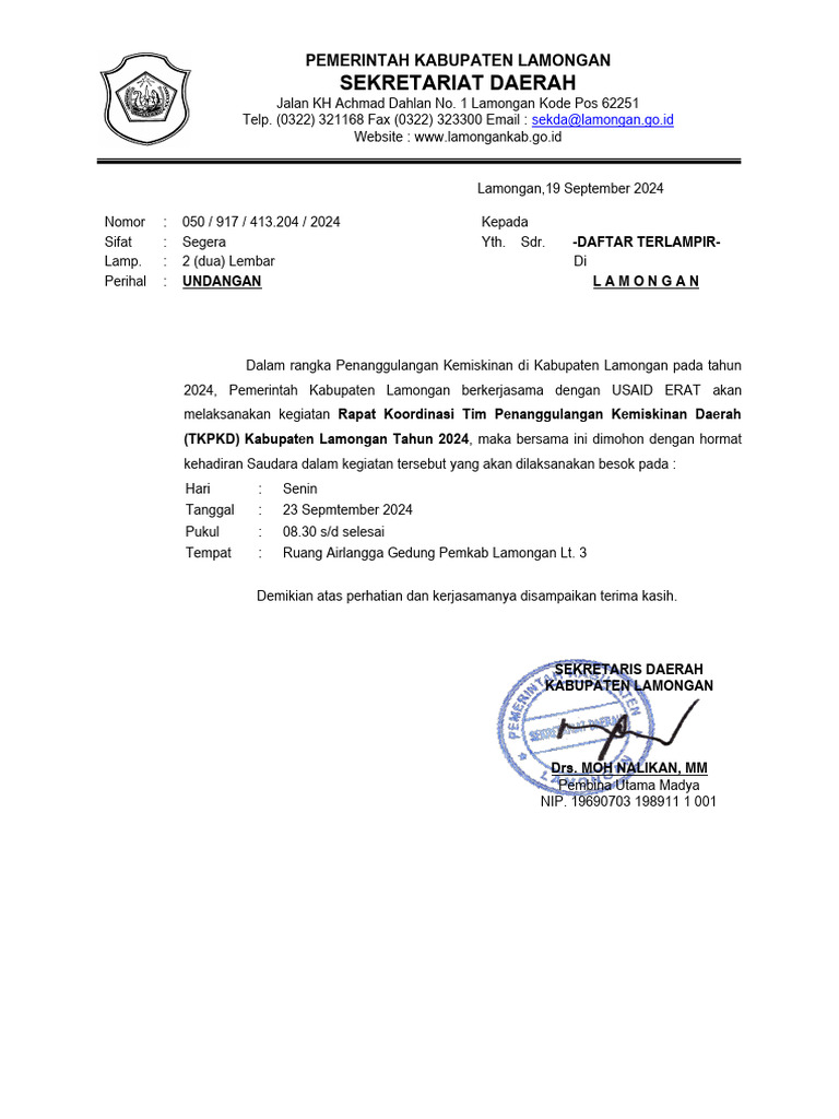 Surat Undangan Rakor TKPK Lamongan 23 September 2024 | PDF