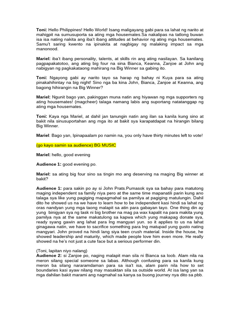 Pop Culture PBB Script | PDF