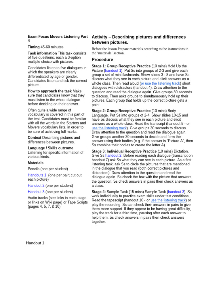 Movers Lesson 11 - Listening Part 4 - Lesson Plan and Materials | PDF ...