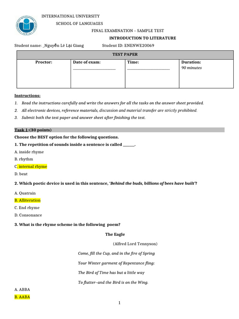Literature Exam Sample Test Guide | PDF | Poetry | Monologue
