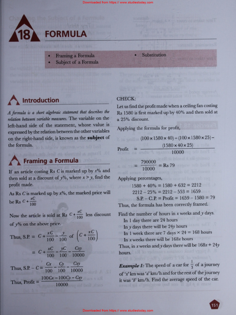 ICSE Class 8 Maths Algebra Chapter 18 Formula Reference Content | PDF