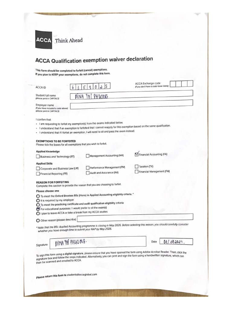 ACCA Qualification Exemption Waiver Declaration | PDF