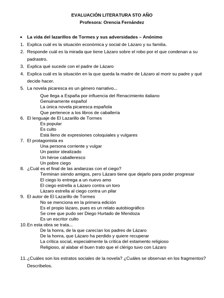Evaluación Literatura 5° Año | PDF | Don Quijote