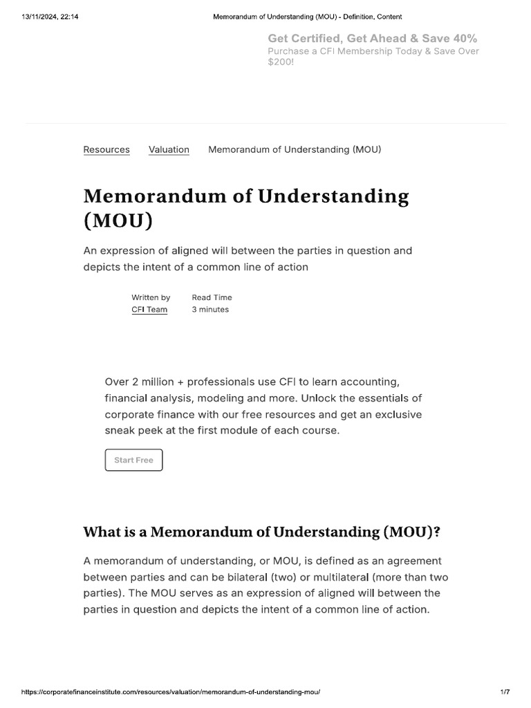 Memorandum of Understanding (MOU) - Definition, Content | PDF