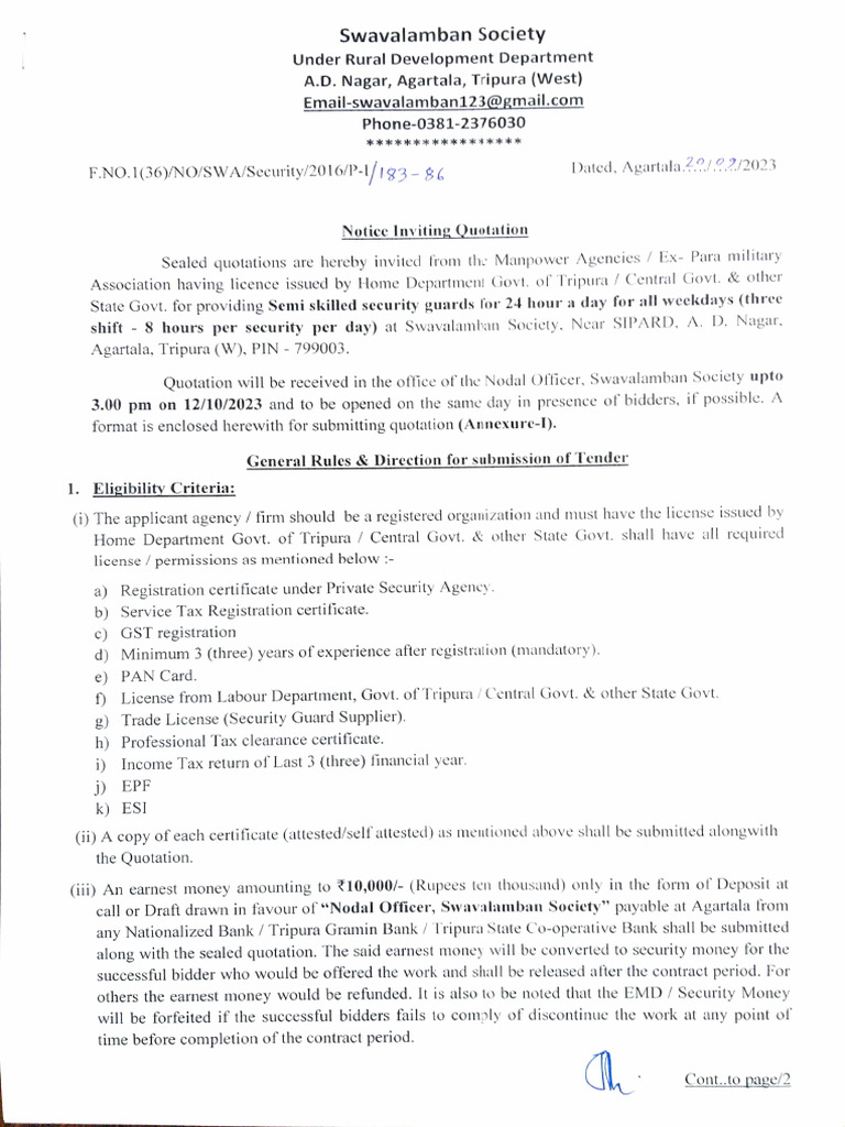 TENDER FOR SECURITY GUARD-Swavalamban Society - AD Nagar | PDF