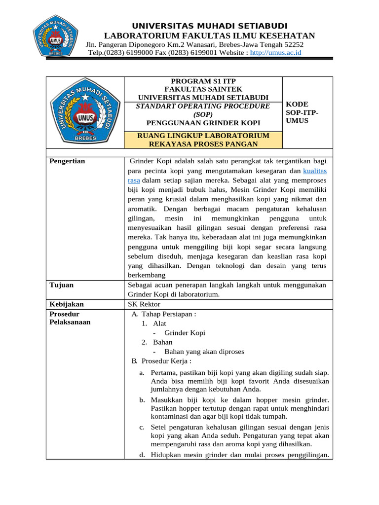 SOP Penggunaan Grinder Kopi di Laboratorium | PDF