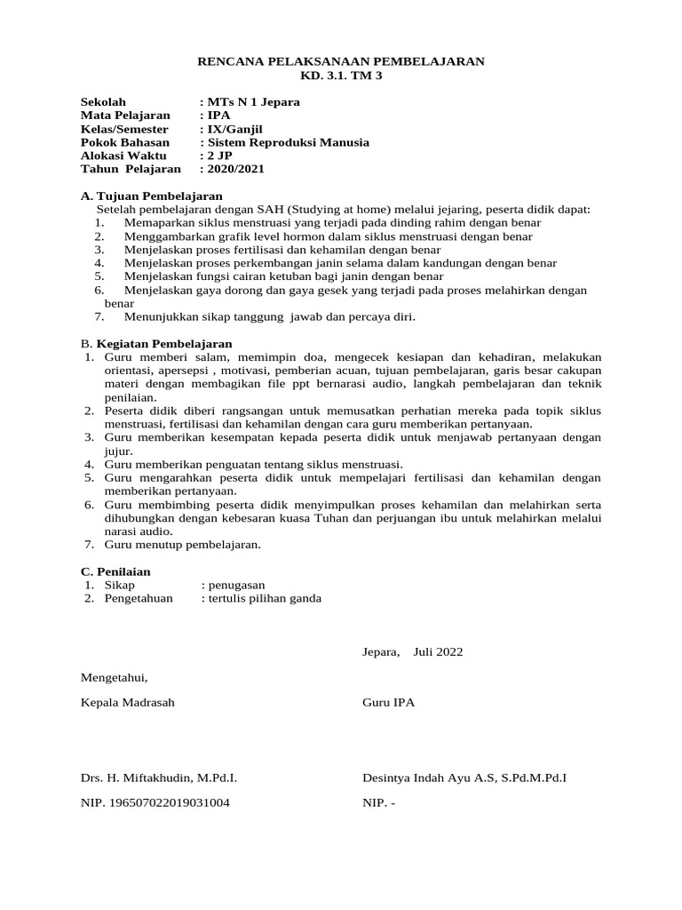 RPP Sistem Reproduksi KD 3.1 TM 3 | PDF