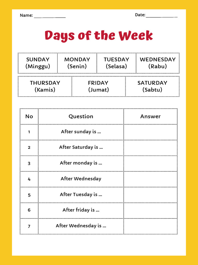 Days of the Week Worksheet for Grade 3 | PDF