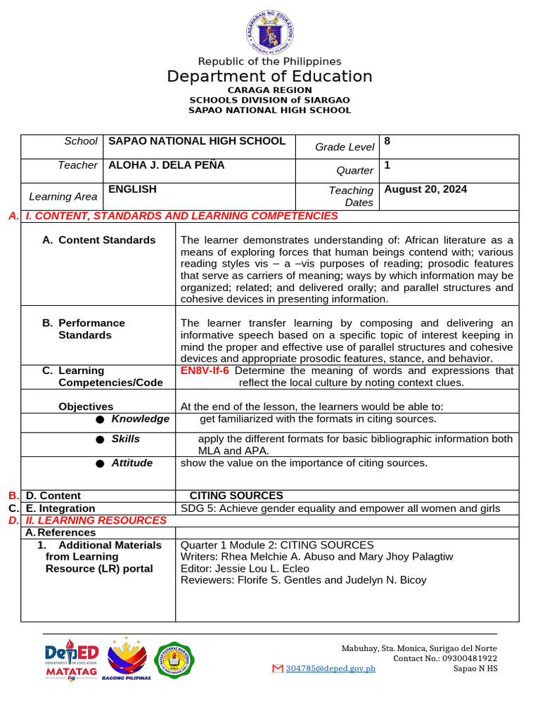 Dlp-English 8 (Matatag Format) Day 1 | PDF | Citation | Apa Style
