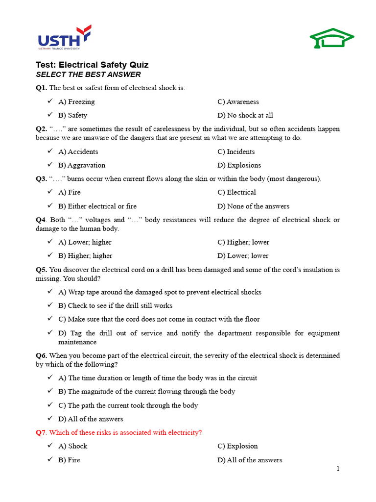 Quiz - Electrical Safety (Basis) | PDF | Materials Science | Electrical ...