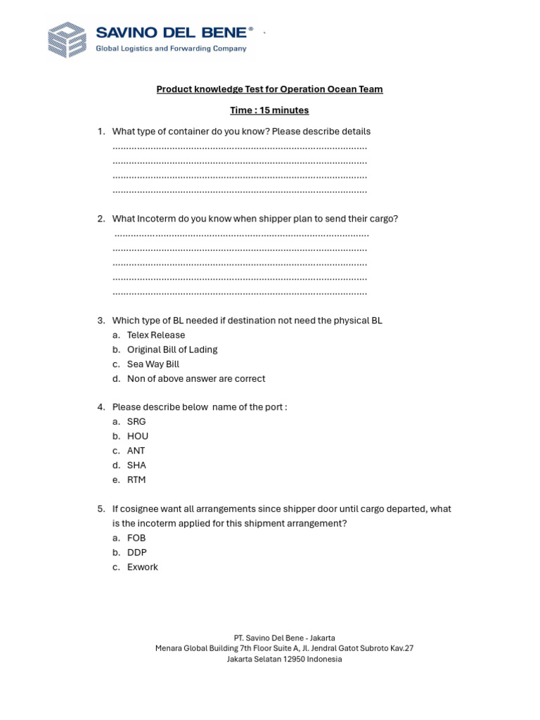 Product Knowledge Test for Ocean Operations | PDF