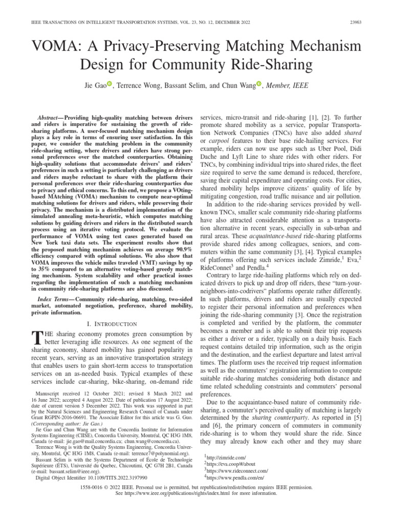 VOMA A Privacy-Preserving Matching Mechanism Design For Community Ride ...