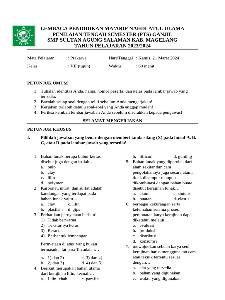 Uts Prakarya Kelas Vii | PDF