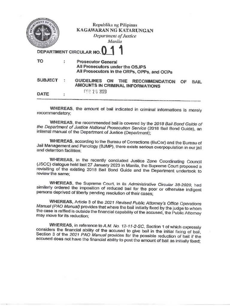 DepartmentCircular022 - Guidelines On The Recommendation of Bail | PDF