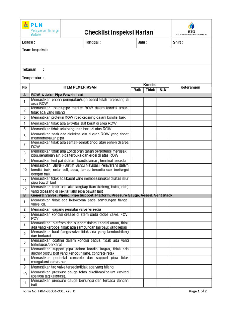 FRM-32001-002 Form Checklist Inspeksi Harian New OK | PDF