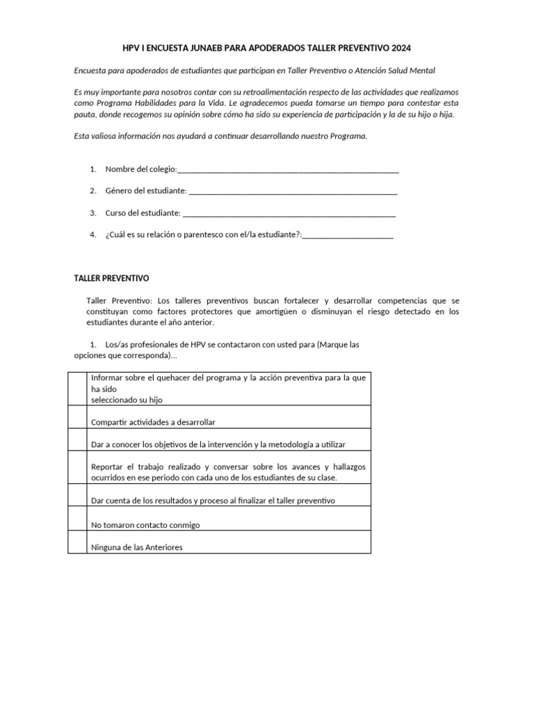 HPV I Encuesta Junaeb para Apoderados Taller Preventivo y Derivación 2023 | PDF | Salud mental ...