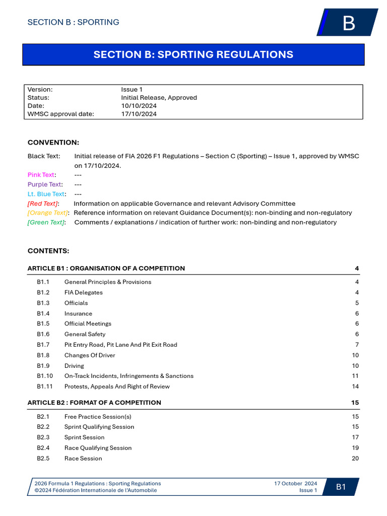 Fia 2026 f1 Regulations - Section B Sporting - Iss01 - 2024-10-17 | PDF ...