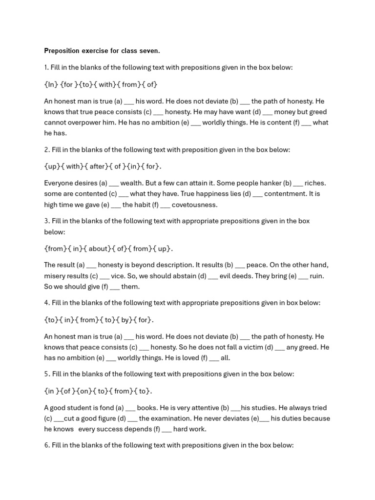 Preposition Exercises for Class Seven | PDF | Religious Belief And Doctrine