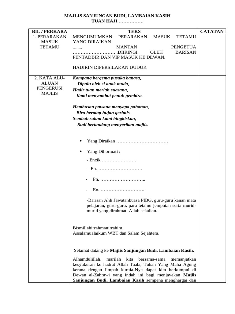 TEKS EMCEE MAJLIS PERPISAHAN PENGETUA Contoh | PDF