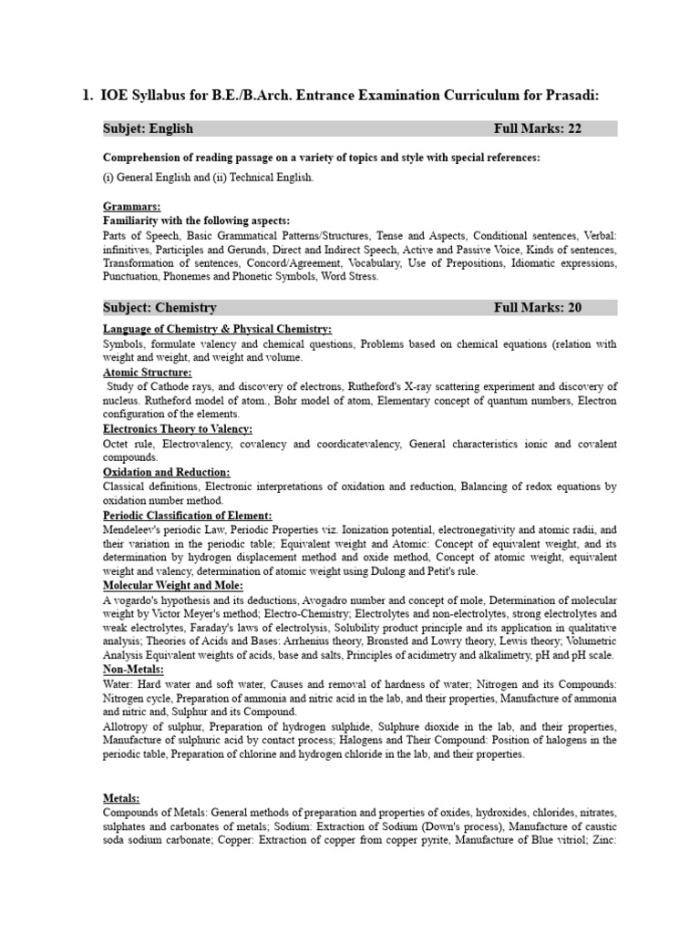 IOE Entrance Exam Syllabus | PDF | Integral | Chemistry
