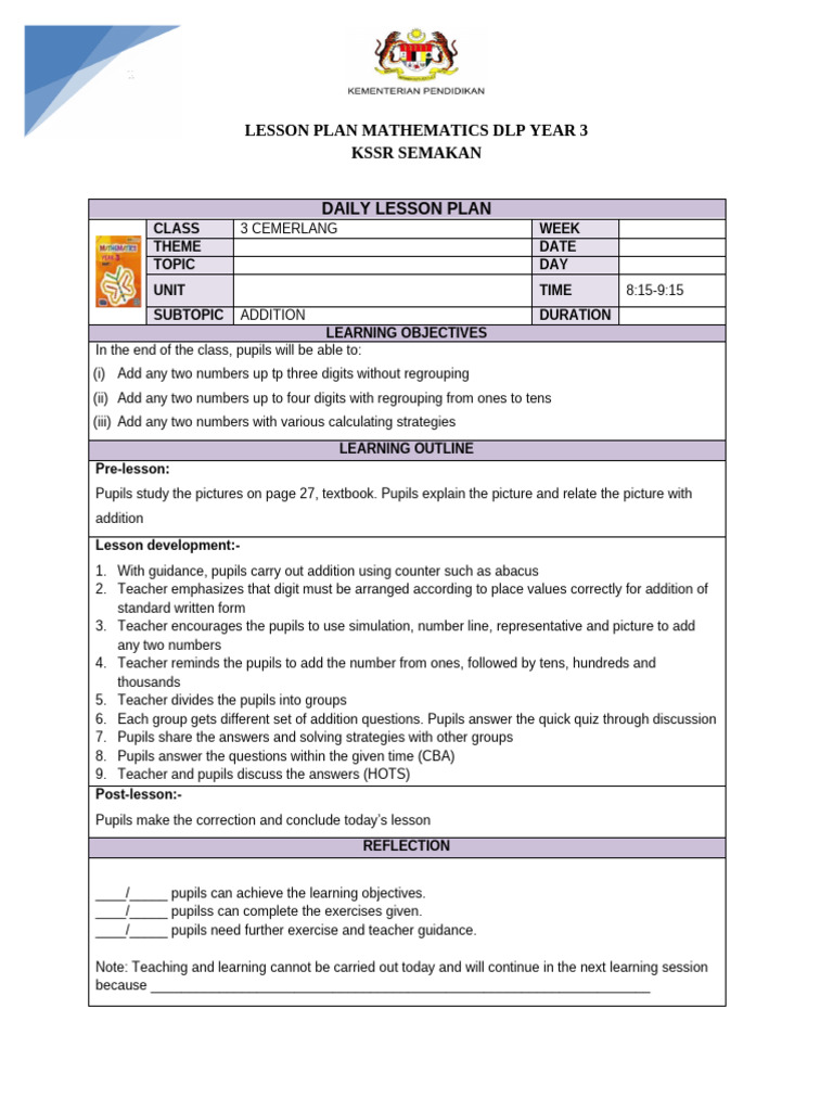 RPH MT DLP THN 3 V3 (Unit 2) | PDF | Lesson Plan | Teachers