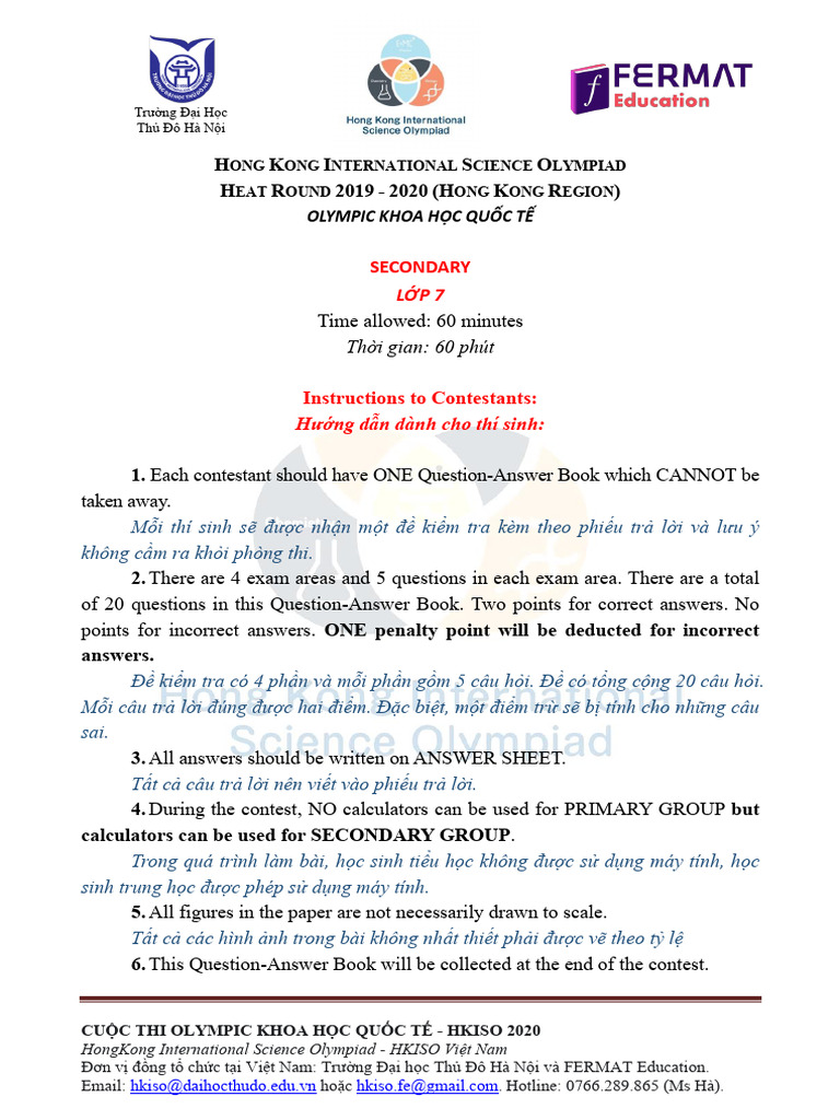 HKISO 2019-2020 - Mock - Heat - Khối 7-Đã Gộp | PDF